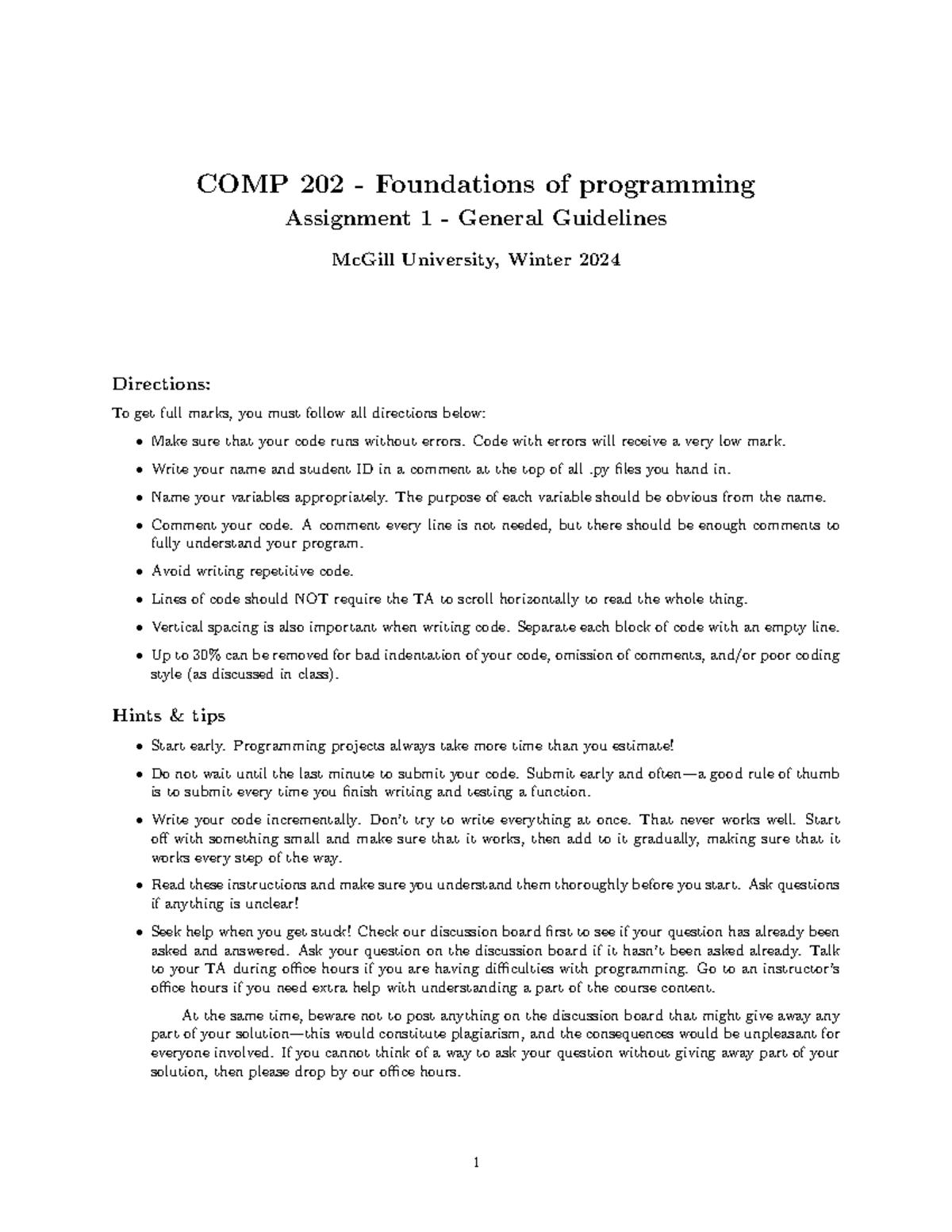 COMP202 Win 24 A1 Guidelines - COMP 202 - Foundations of programming Assignment 1 - General ...