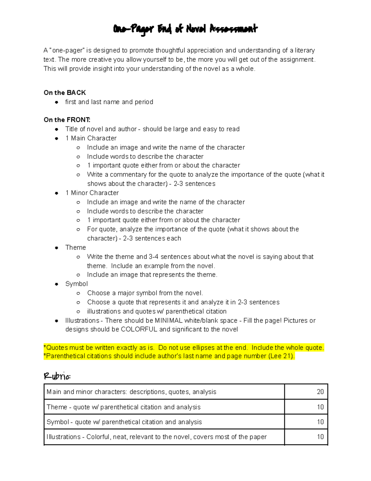One-Pager - Use as a summative assessment for any novel. - One-Pager ...