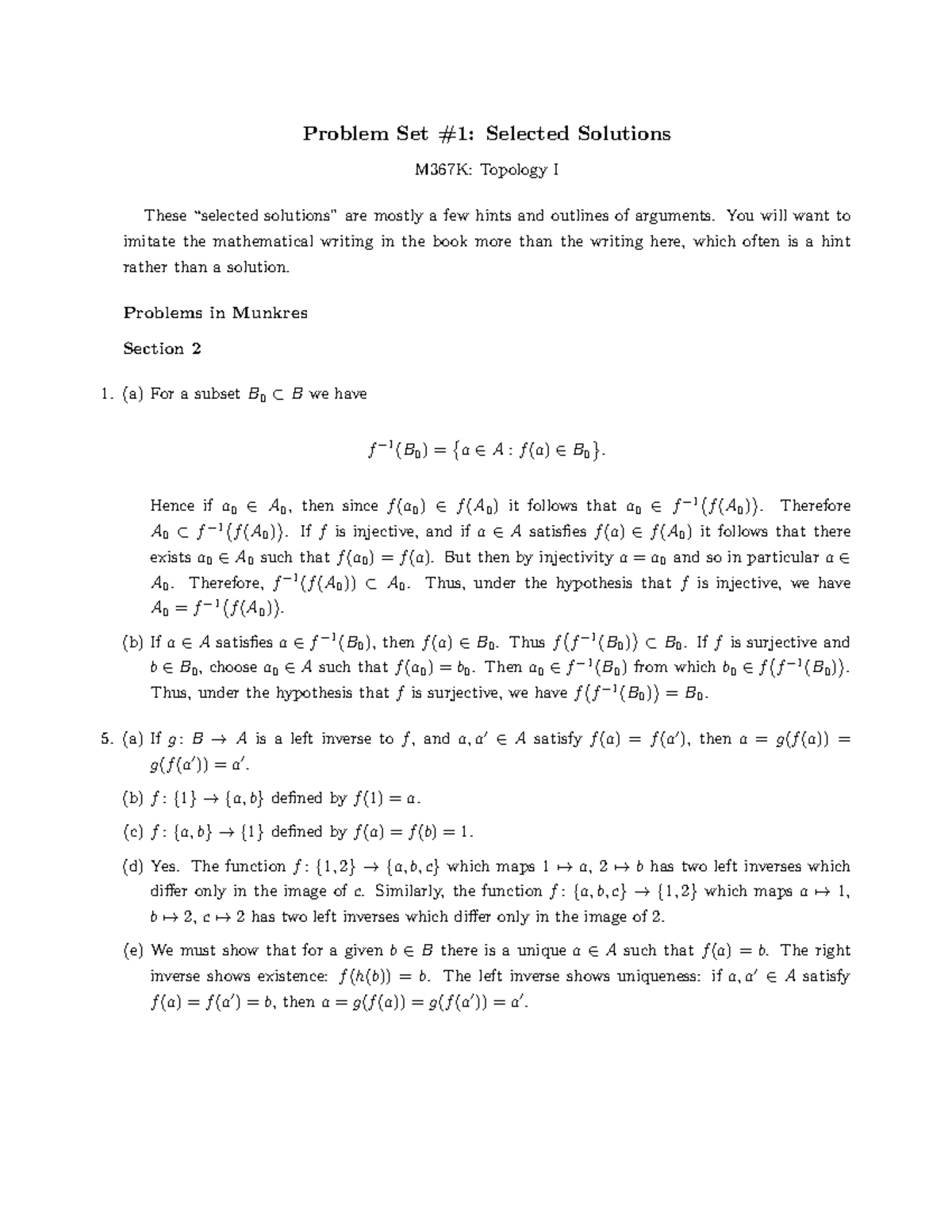 Homework 1 soln - Solution - Problem Set #1: Selected Solutions M367K: Topology I These ...
