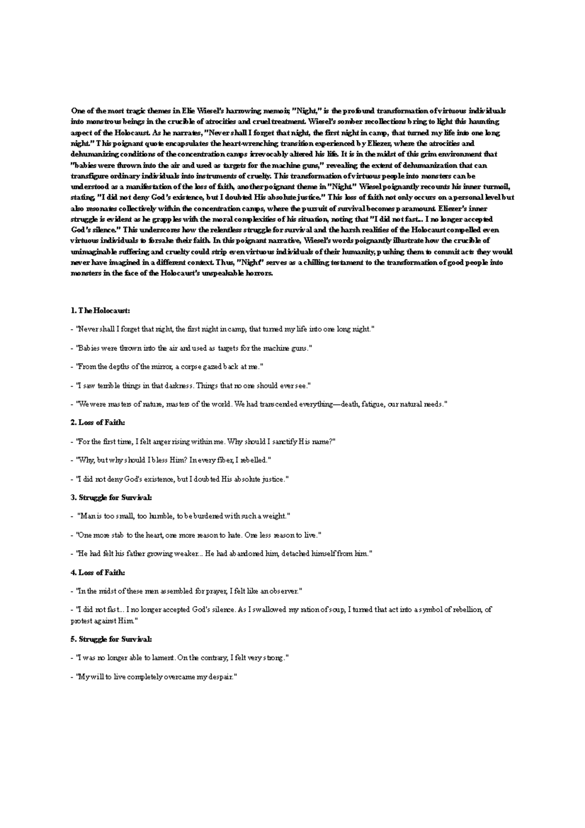 Quote Sheet - One of the most tragic themes in Elie Wiesel's harrowing ...