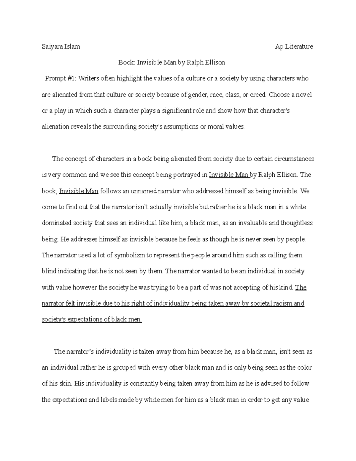AP Literature essay 1 - Saiyara Islam Ap Literature Book: Invisible Man ...