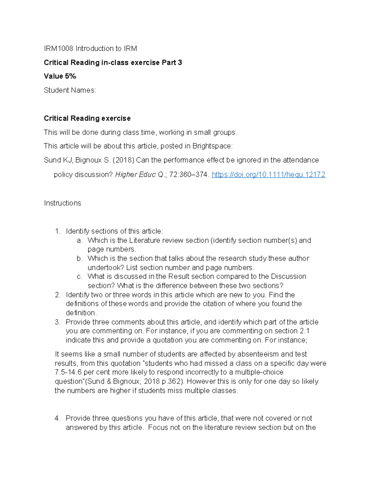 IRM1008Critical Reading Assignment 1 pt3 - IRM1008 Introduction to IRM Critical Reading in-class ...