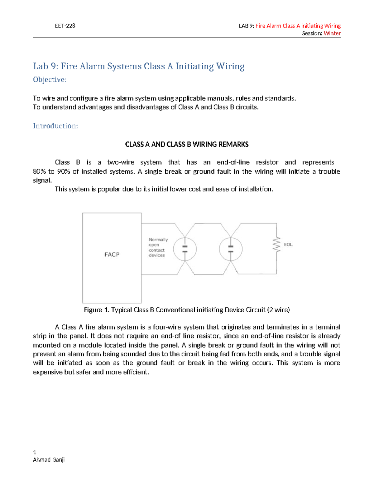 EET228 W23 Lab 9 Fire Alarm Class A Wiring - Session: Winter Lab 9 ...