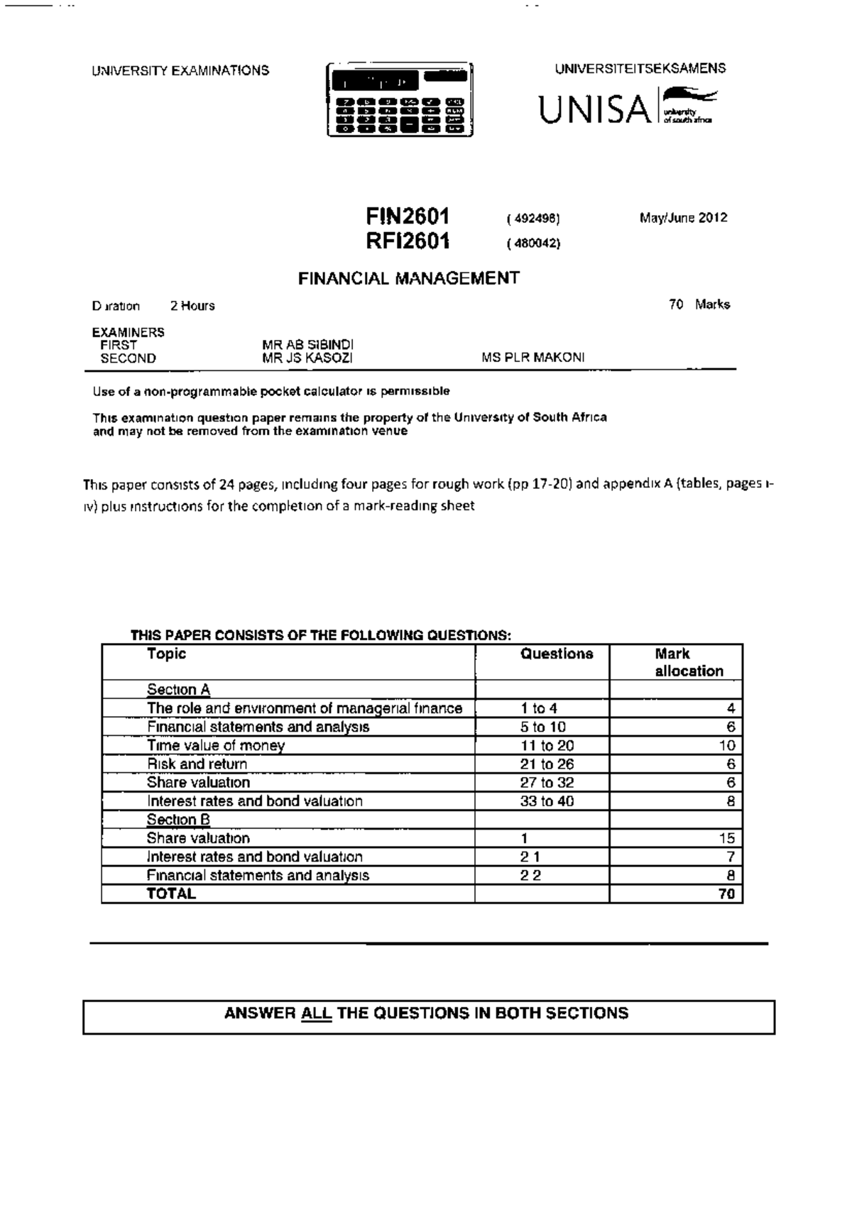 FIN2601-may 2012 exam - FIN2601 exam paper for may 2012 , first ...