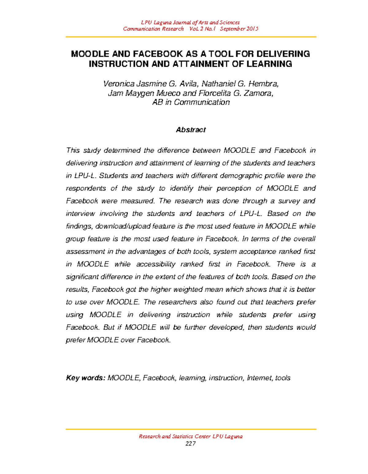 MOODLE AND FACEBOOK AS A TOOL FOR DELIVERING INSTRUCTION AND ATTAINMENT OF LEARNING ...