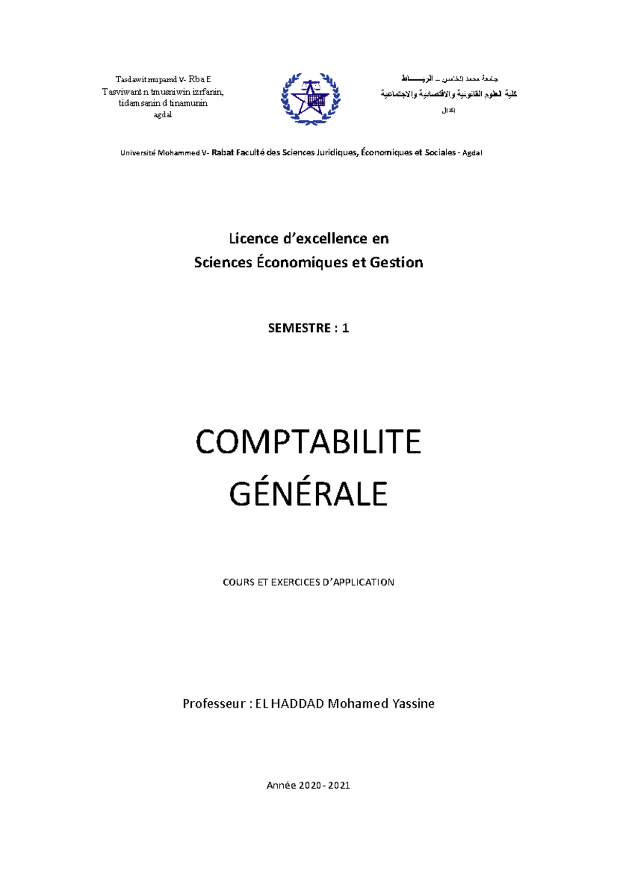 Compta générale 1 S1 el haddad yassine - Tasviwant n tmusniwin izrfanin,Tasdawit mupamd V- Rba E ...
