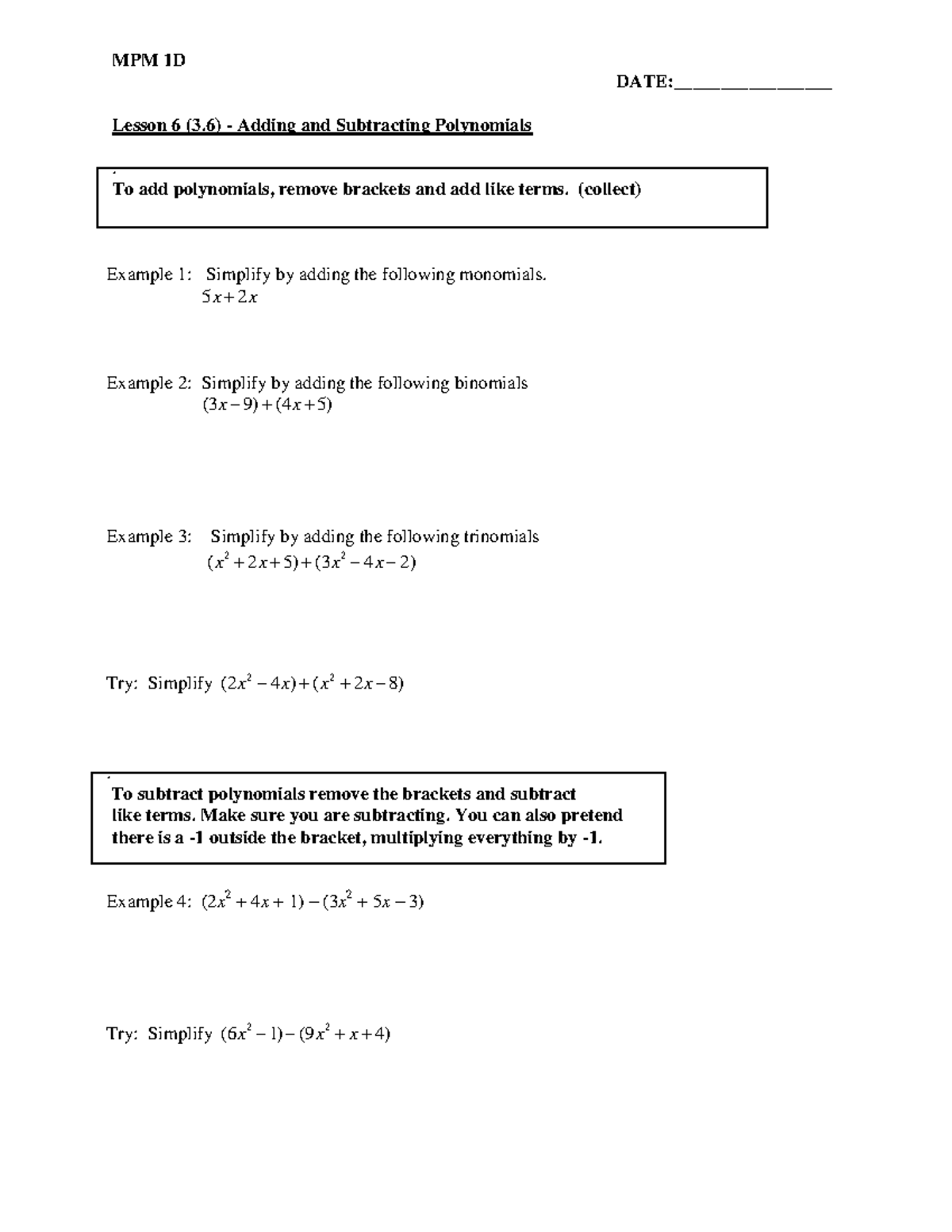 L6 - 3.6 Simplifying Polynomials Blank Note Sheet - MPM 1D DATE ...