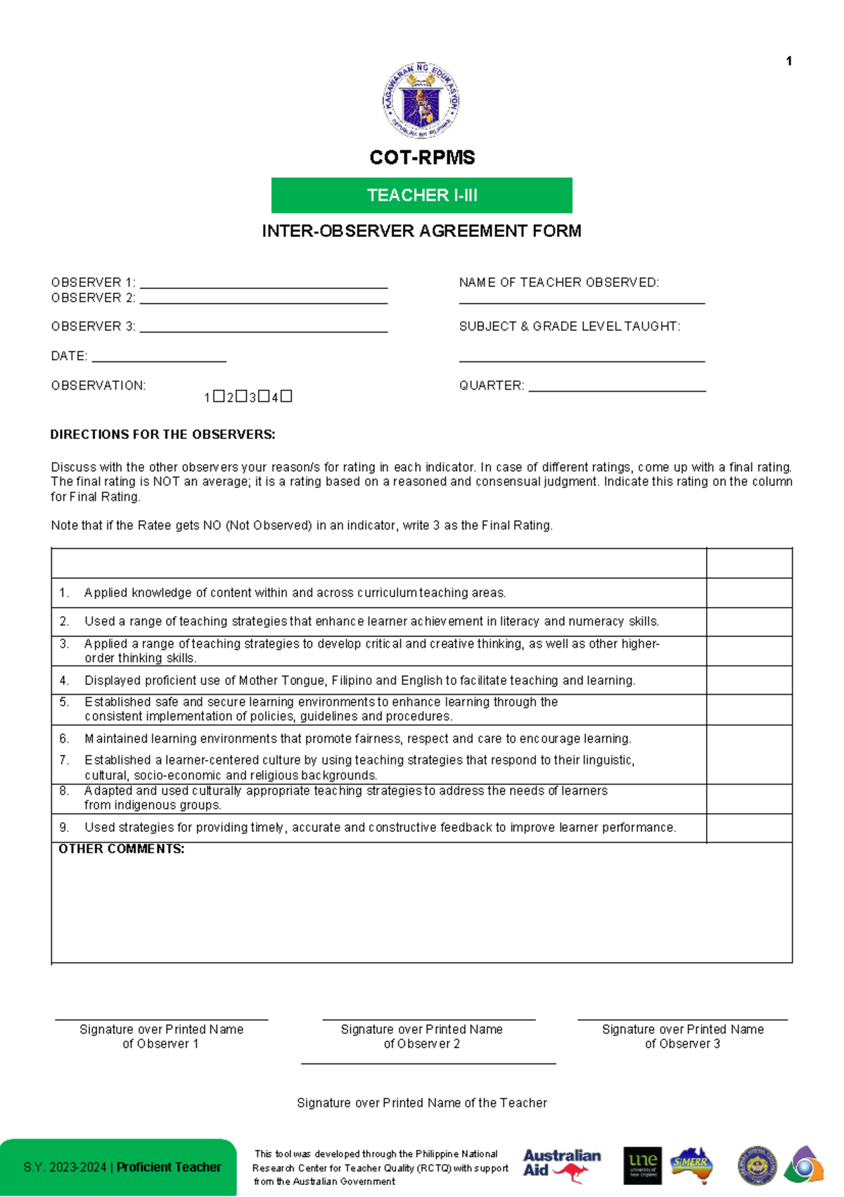 Inter-Observer-Agreement-Form - 1 COT-RPMS TEACHER I-III INTER-OBSERVER ...