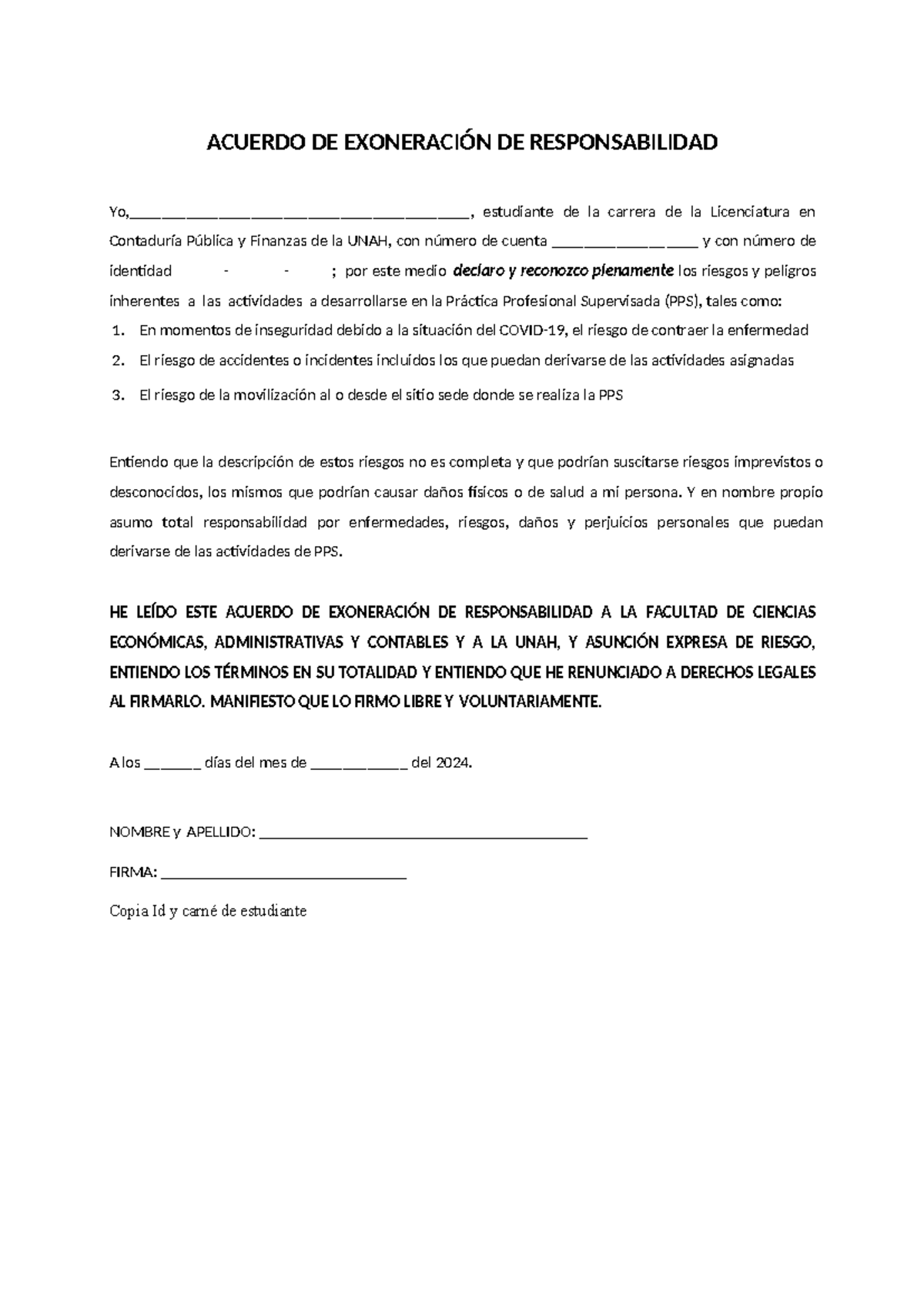 Carta de Exoneración para PPS - ACUERDO DE EXONERACIÓN DE ...