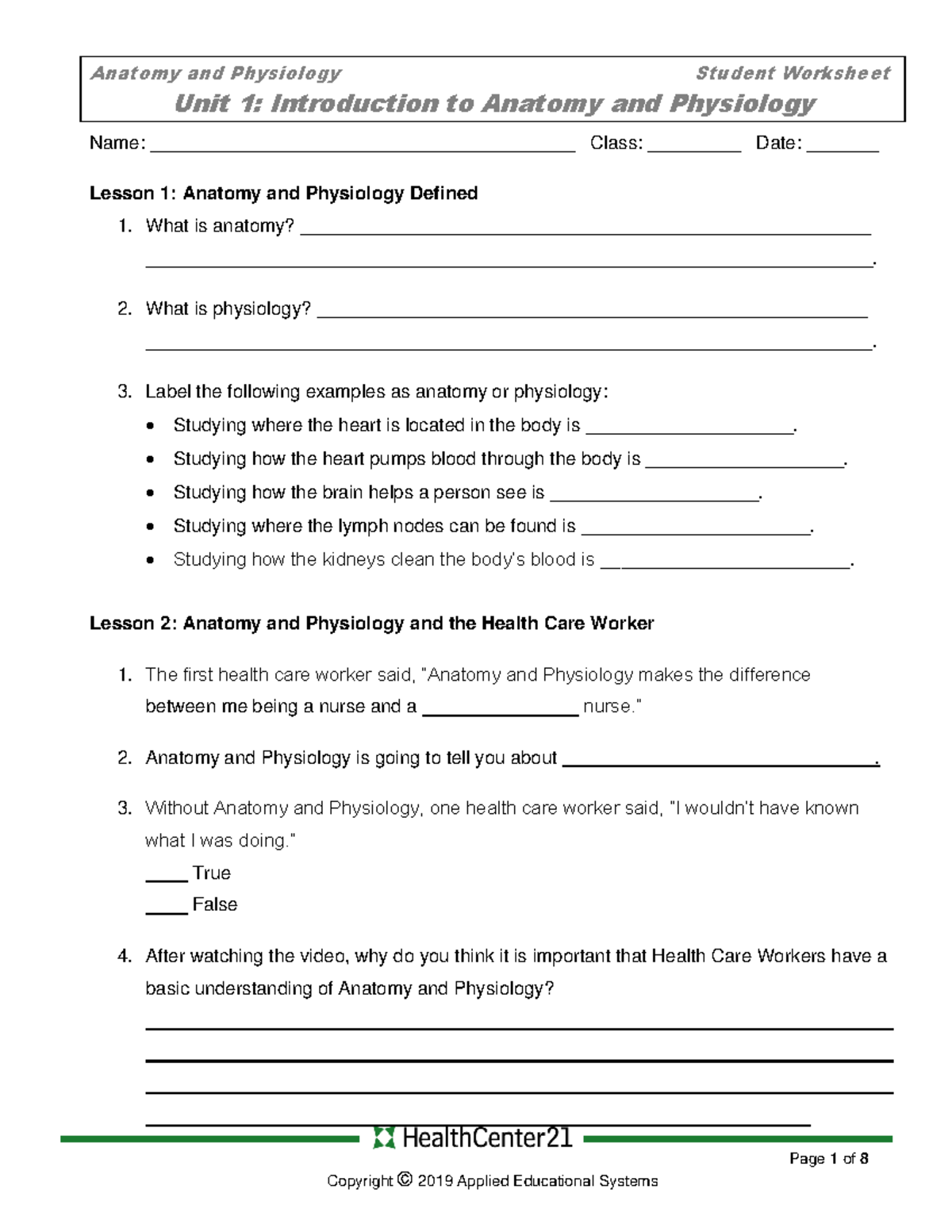 Anatomy student worksheet - Unit 1: Introduction to Anatomy and ...