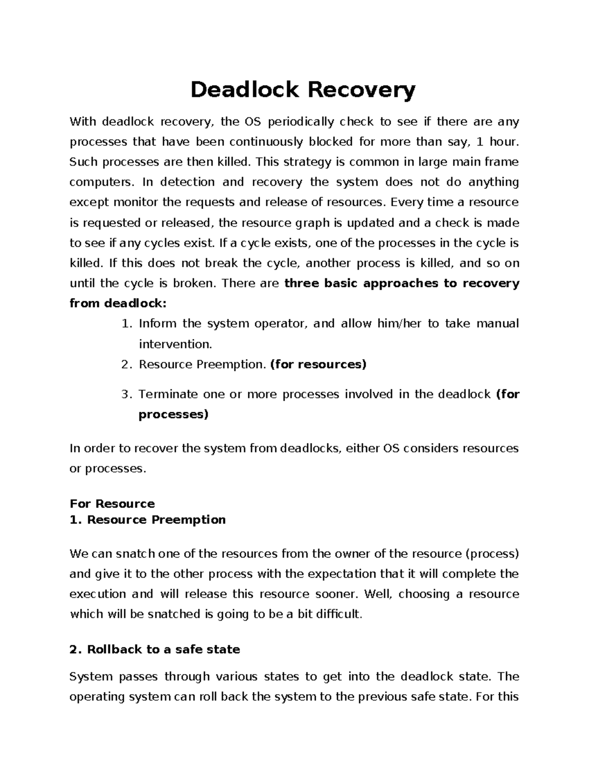 WEEK 7 Deadlock Management - Deadlock Recovery With deadlock recovery ...