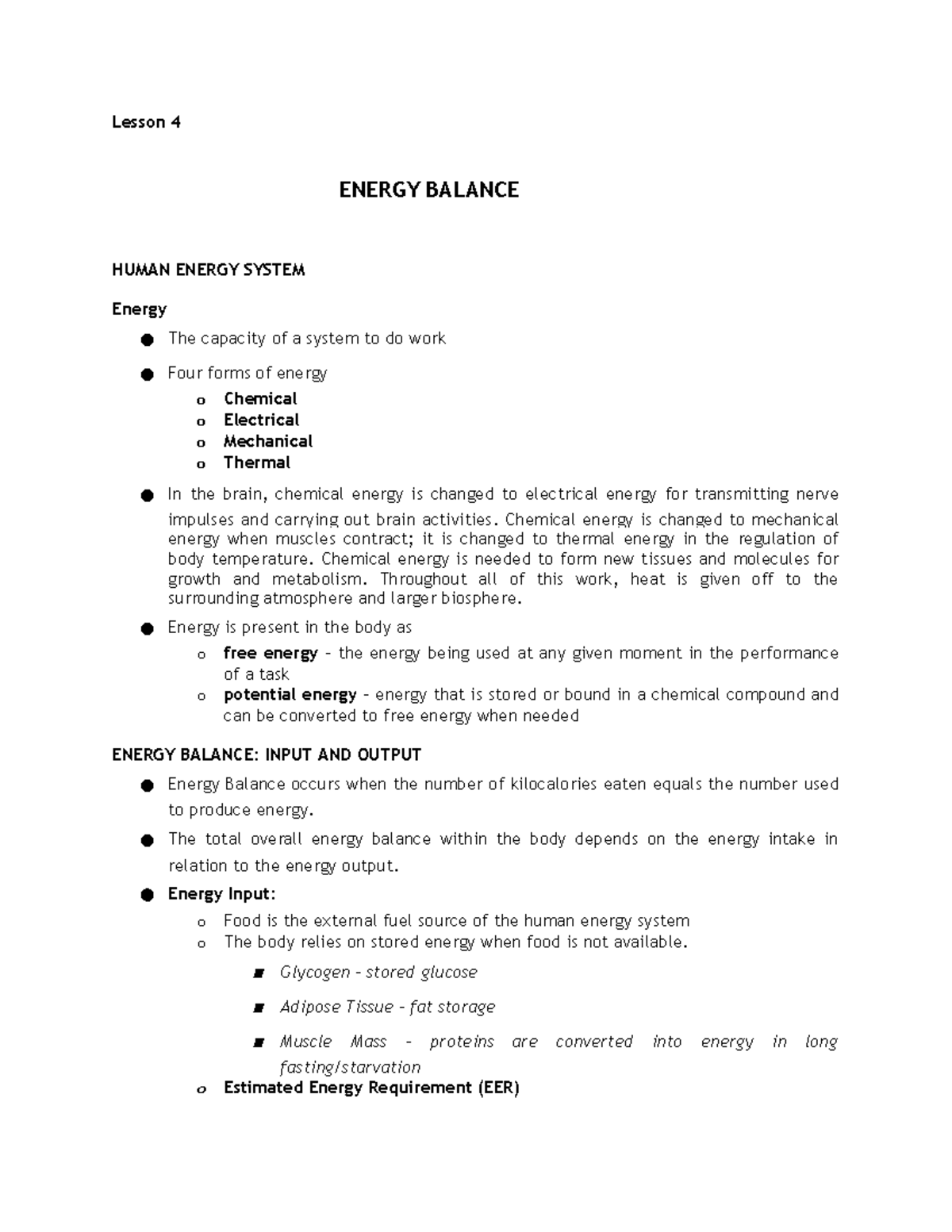 Module 2Lesson 4 - Lesson 4 HUMAN ENERGY SYSTEM Energy The capacity of ...