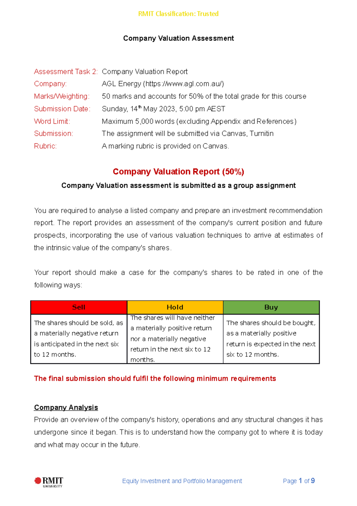 BAFI1042 Assignment - Company Valuation Assessment Assessment Task 2 ...