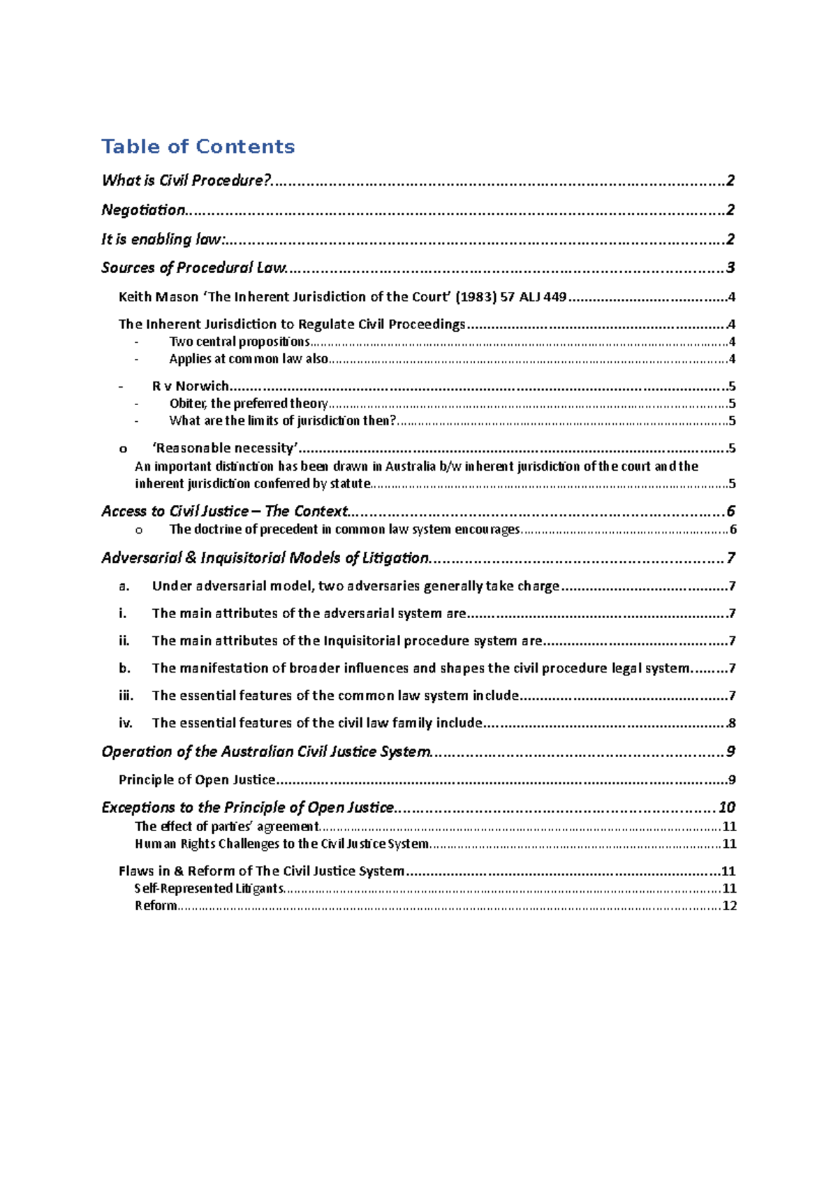 Week 1 - Intro to Civil Procedure - S N - Table of Contents What is ...