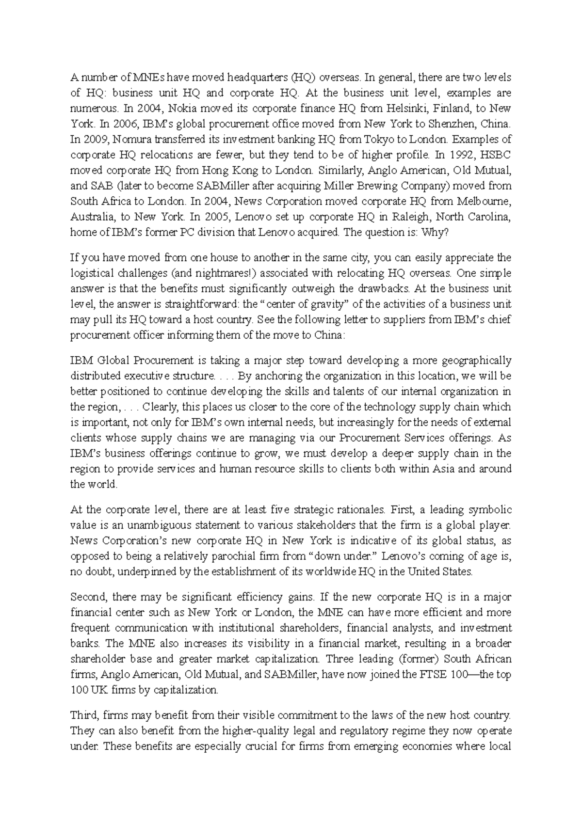 A number of MNEs have moved headquarters - business managment - Studocu