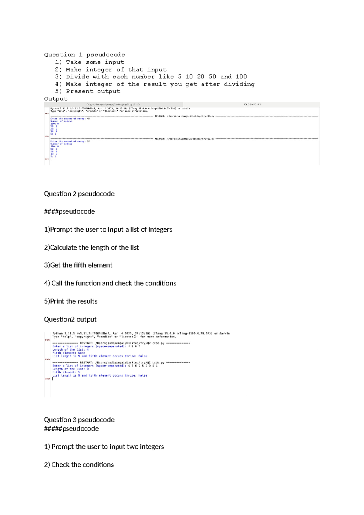 Wordfile for assignment - Question 1 pseudocode 1) Take some input 2) Make integer of that input ...
