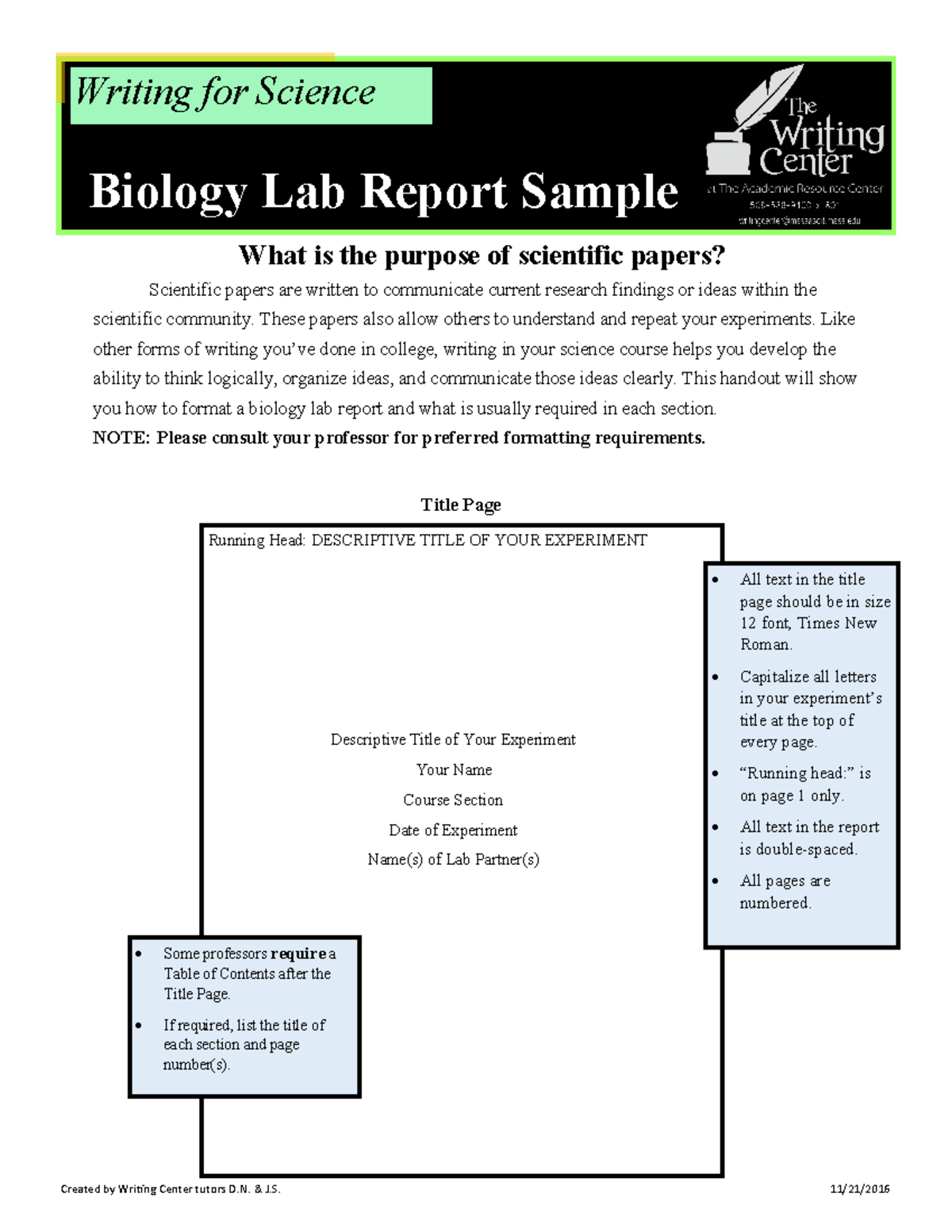 Writing center Writing a Lab Report - Biology Lab Report Sample Writing ...