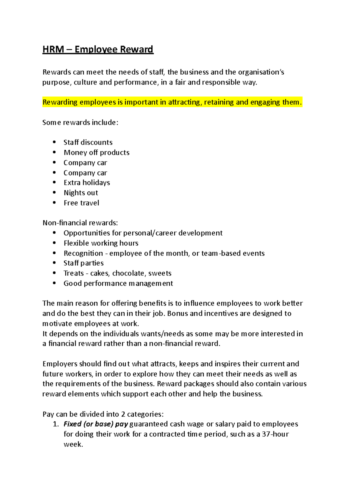 Reward Management - HRM – Employee Reward Rewards can meet the needs of ...