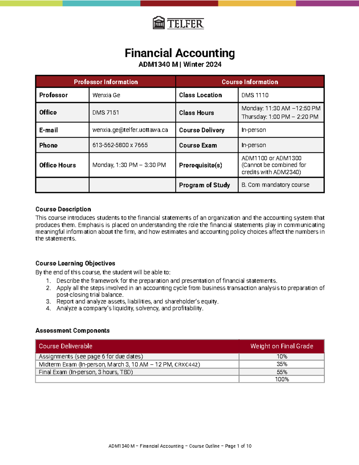 Winter 2024 ADM1340 M Course Outline - Financial Accounting ADM1340 M ...