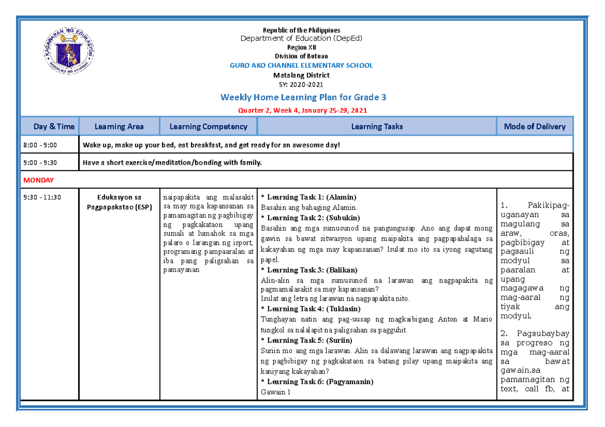 WHLP Detailed Grade 3 Q2 W4 ALL Subjects - Weekly Home Learning Plan ...