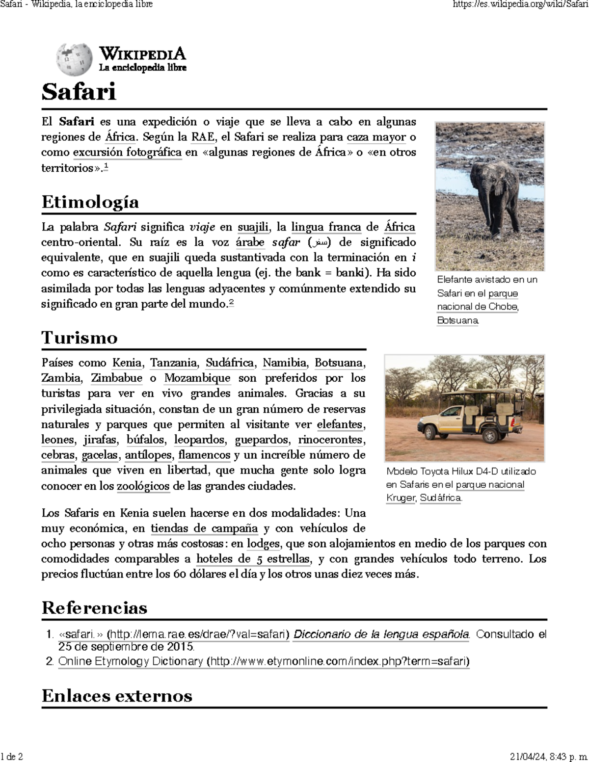 Safari - Wikipedia, la enciclopedia libre - Elefante avistado en un ...