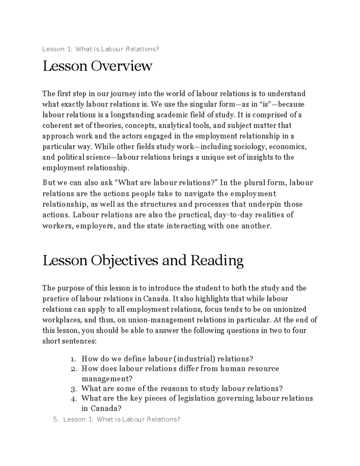 Lesson 1 - Lesson 1: What is Labour Relations? Lesson Overview The ...