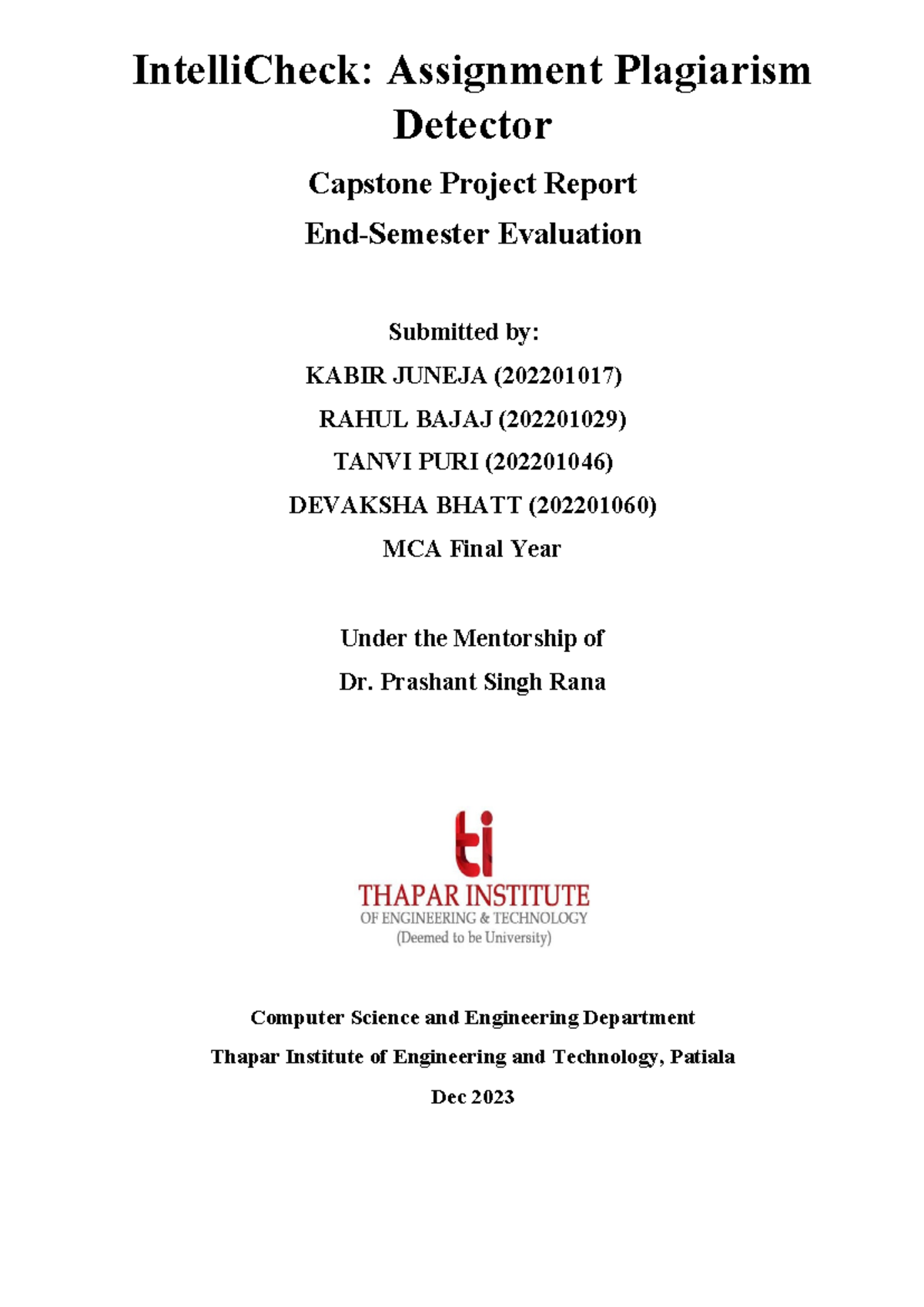 Capstone Final Evaluation - IntelliCheck: Assignment Plagiarism ...