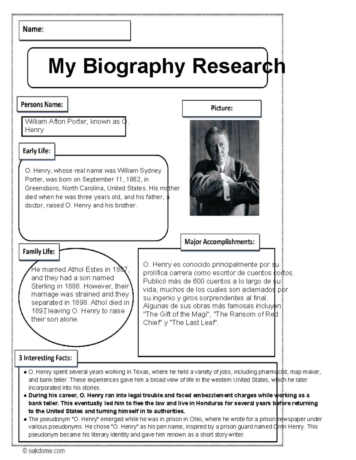 Biography Research Graphic Organizer - O. Henry, whose real name was ...