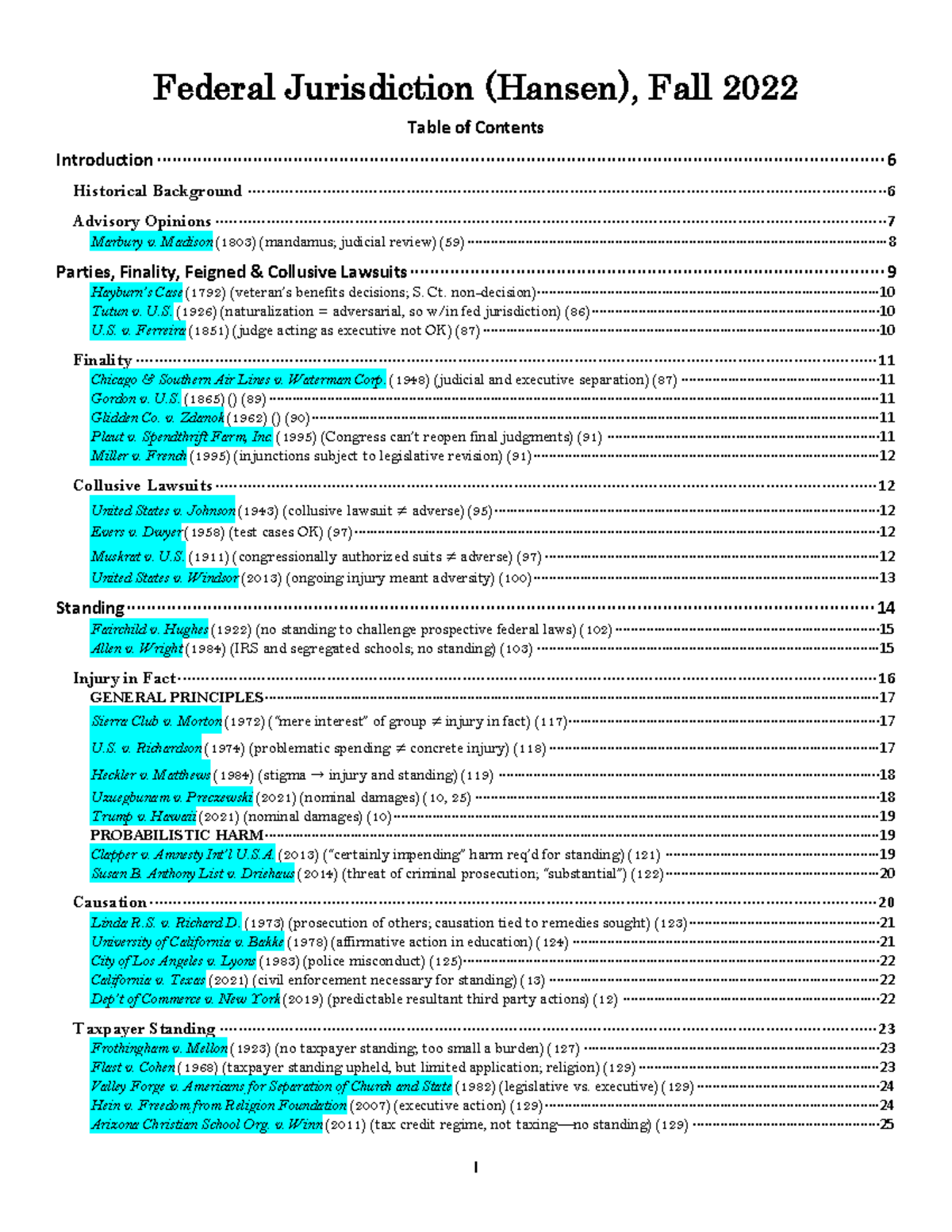 Fed Jur Hansen - important federal jurisdiction outlines - Table of ...