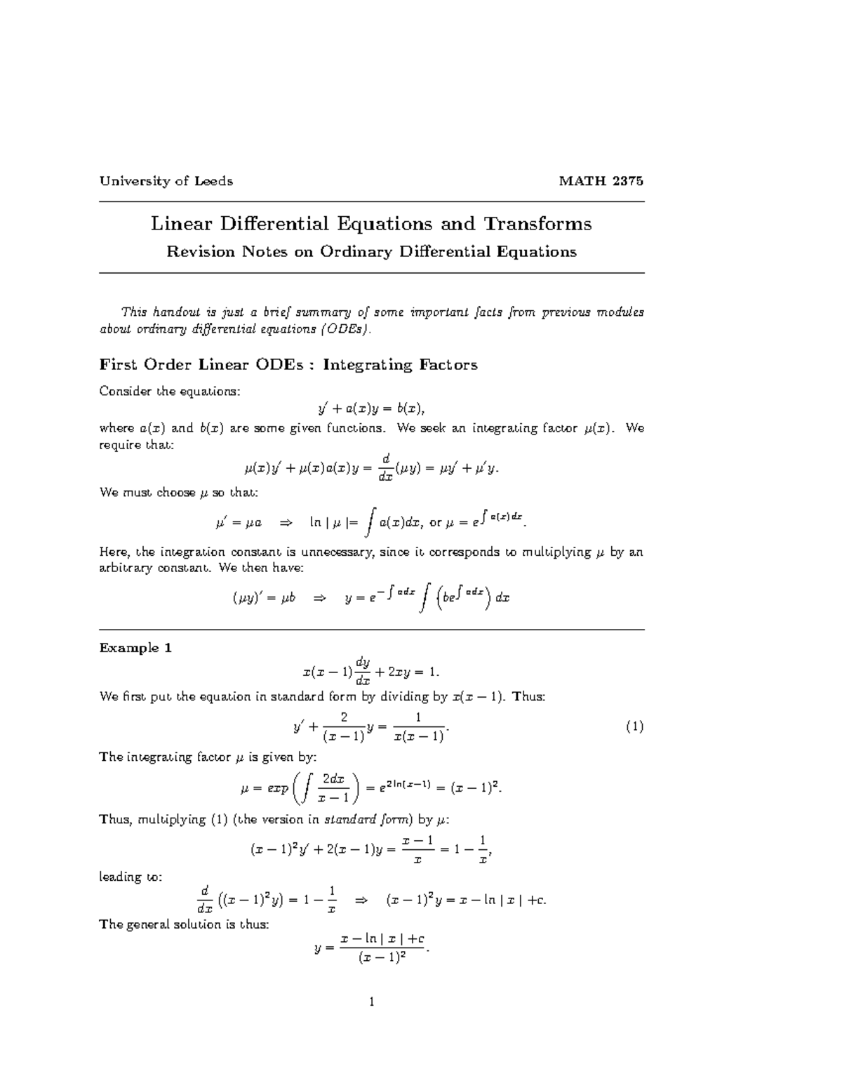 Ode-revise - Notes - University of Leeds MATH 2375 Linear Differential ...