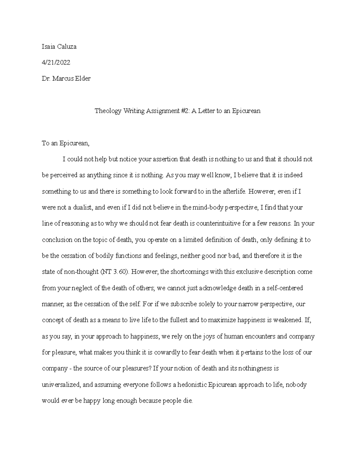 Final THEO Writing Assignment #2 - Isaia Caluza 4/21/ Dr. Marcus Elder ...