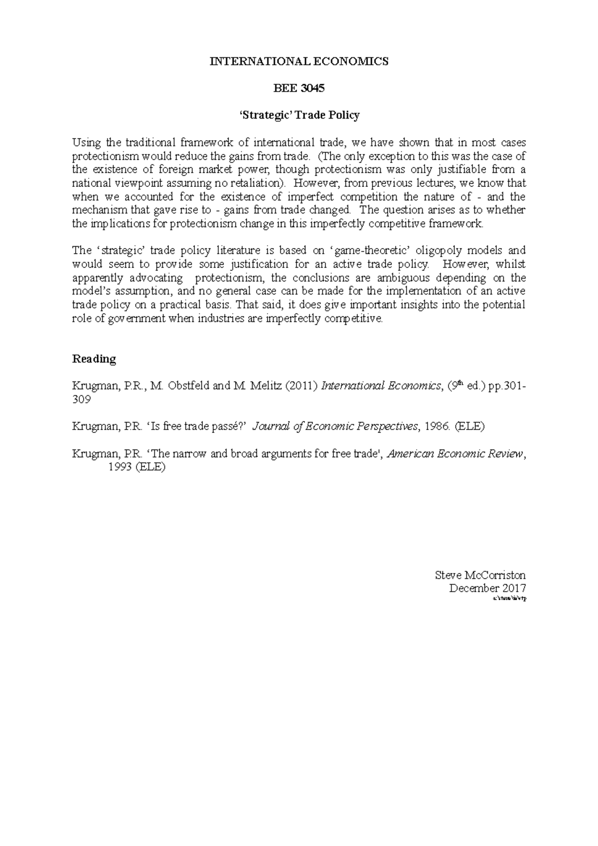 Strategic Trade Policy 2017 - INTERNATIONAL ECONOMICS BEE 3045 ...