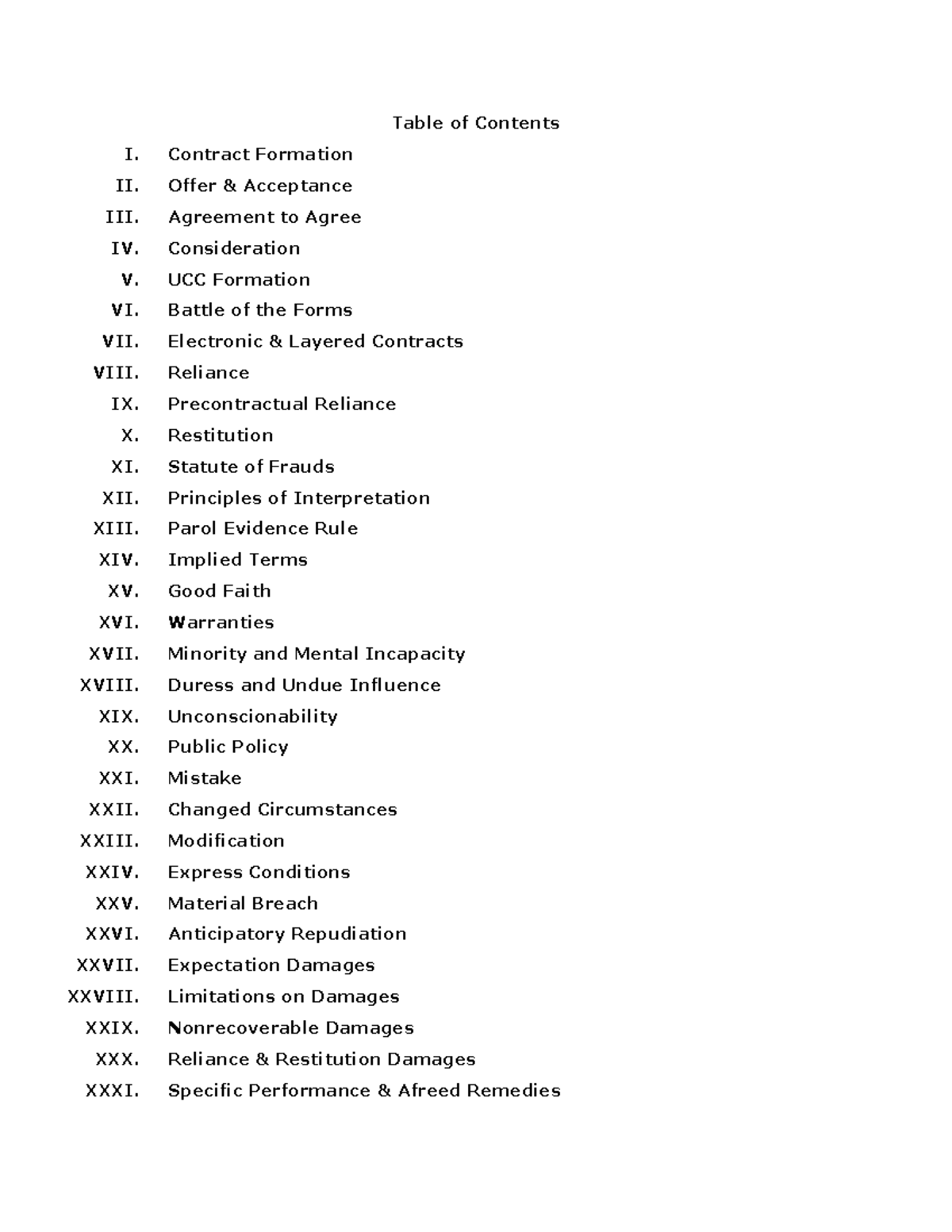 Contracts Outline - 2/3's of Problems in Contract Law by Professor Knapp - Table of Contents I ...