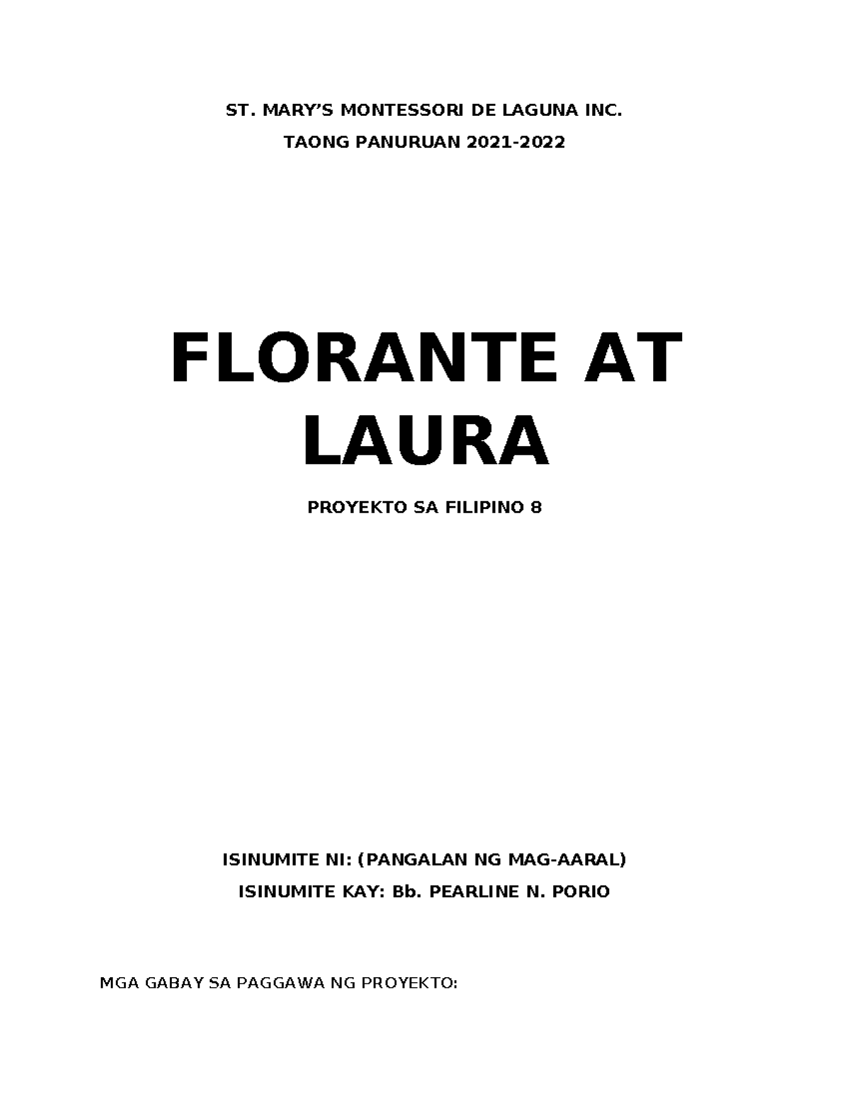 Numerata Filipino Project - ST. MARY’S MONTESSORI DE LAGUNA INC. TAONG ...