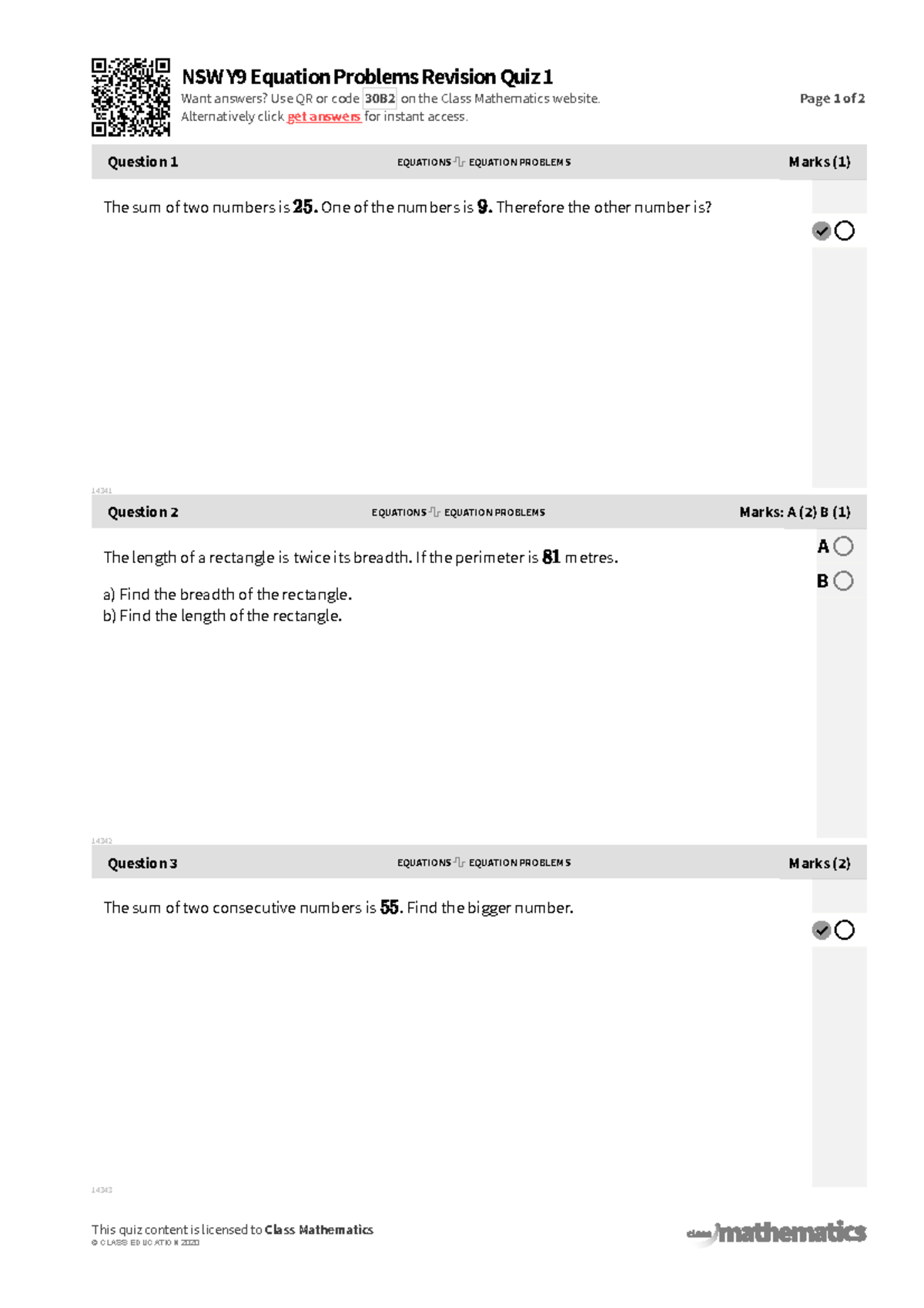 NSW Y9 Equation Problems Revision Quiz 1 30166 - Alternatively click ...