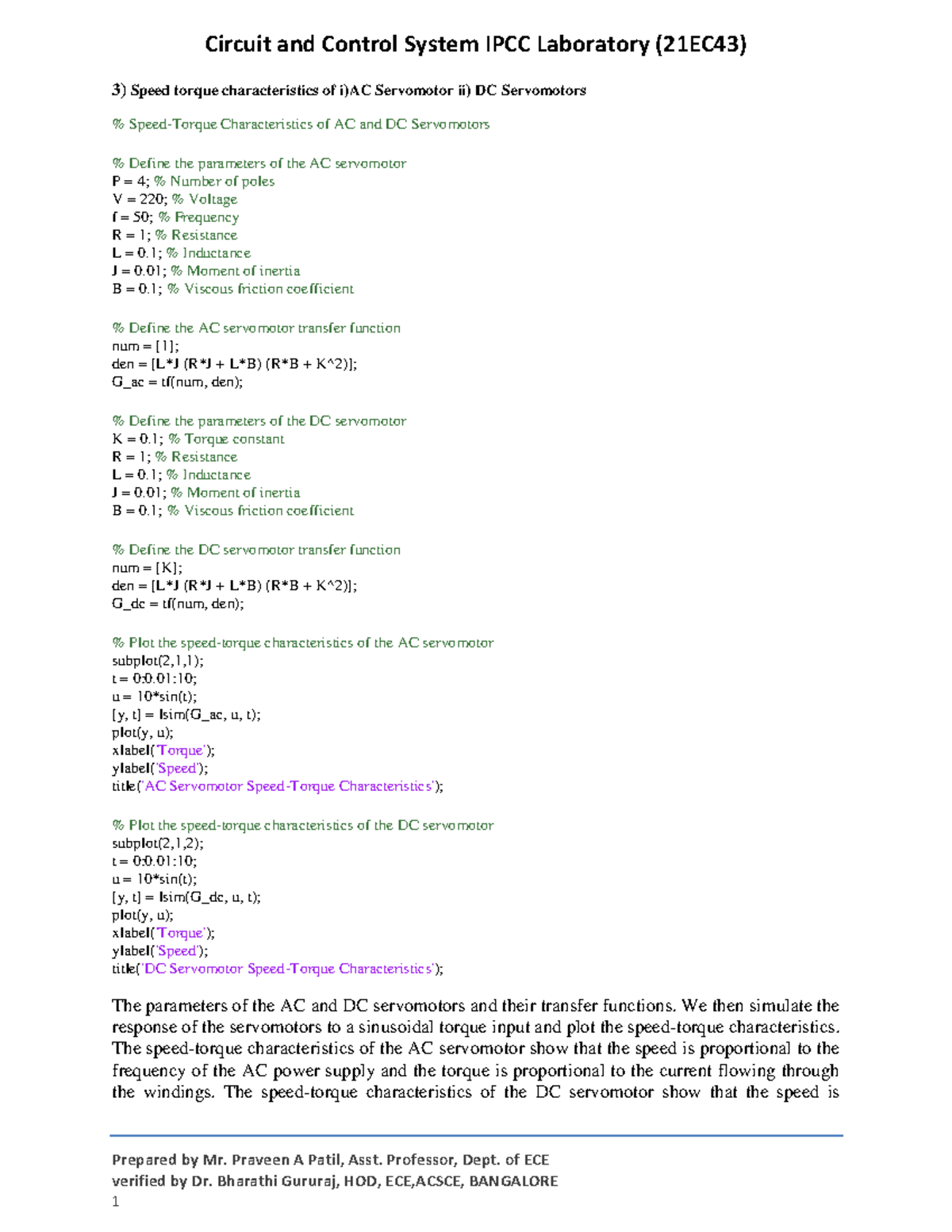 Circuit and Controls System 21EC43 Lab Manual - Prepared by Mr. Praveen ...