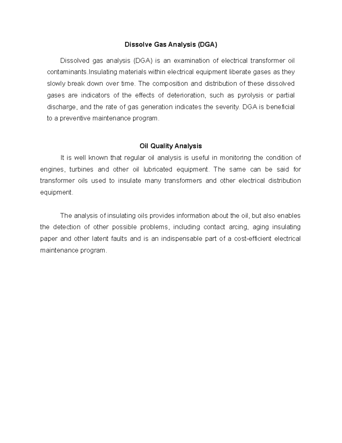 DGA AND OIL Quality Analysis - Dissolve Gas Analysis (DGA) Dissolved ...