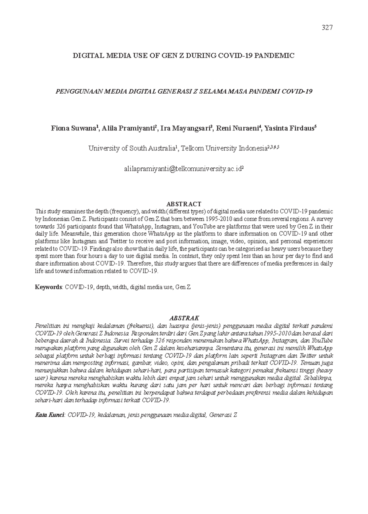 Digital Media Use of Generation Z During - 327 ABSTRACT This study ...