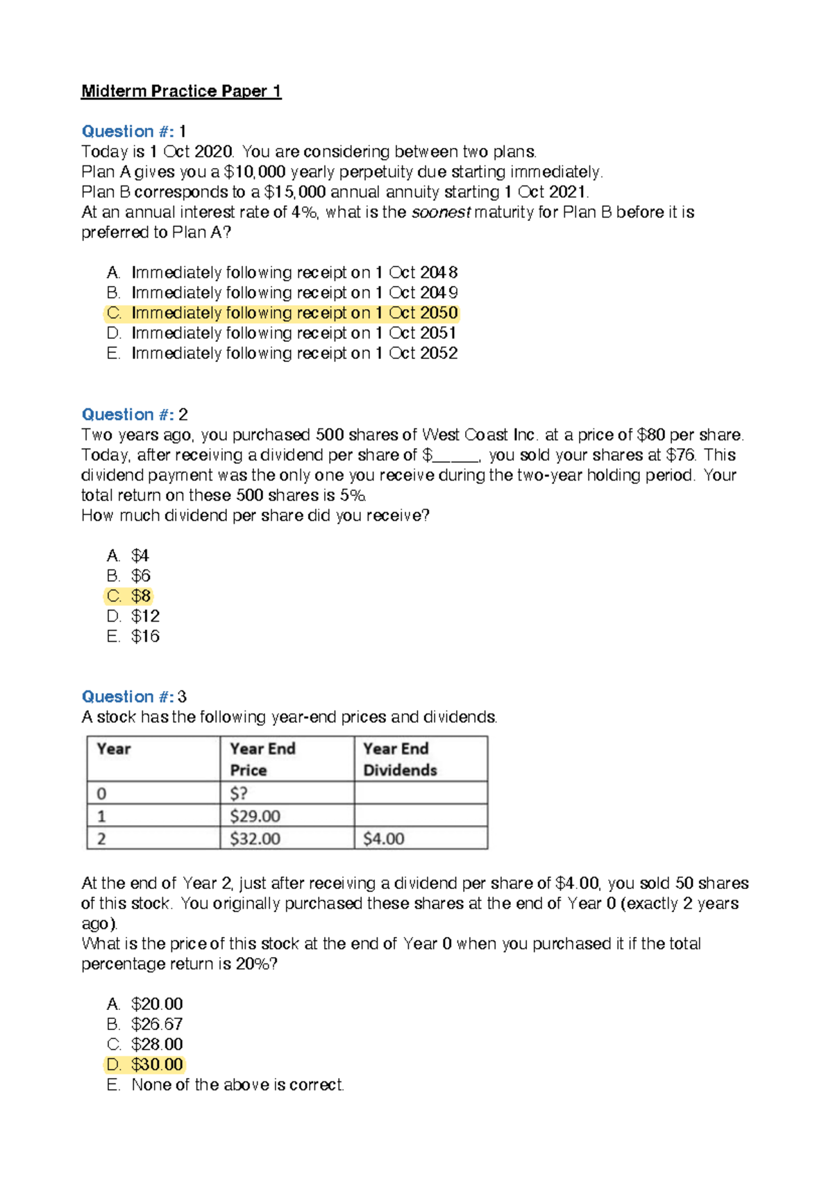 Midterm Practice Paper 1 - FIN2704 - NUS - Studocu
