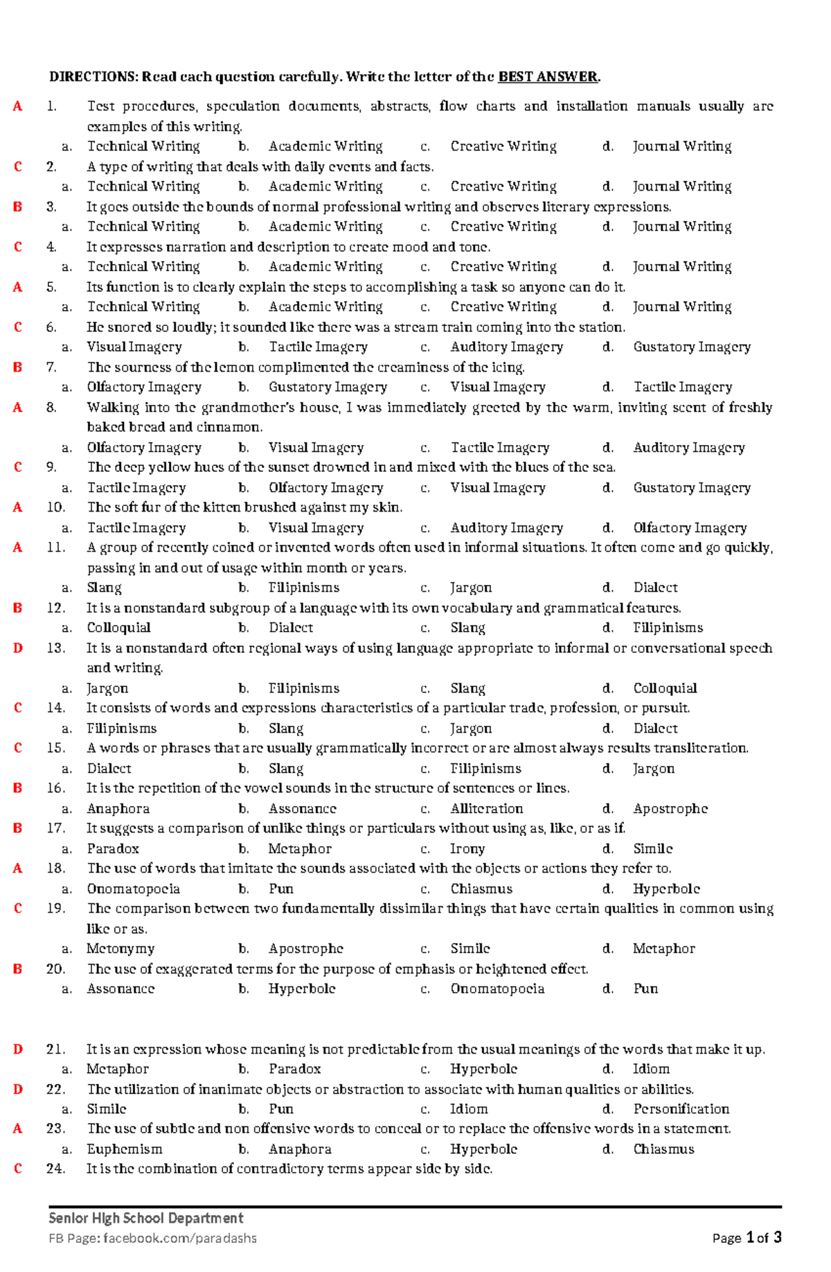 Creative writing 1st q exam - DIRECTIONS: Read each question carefully ...