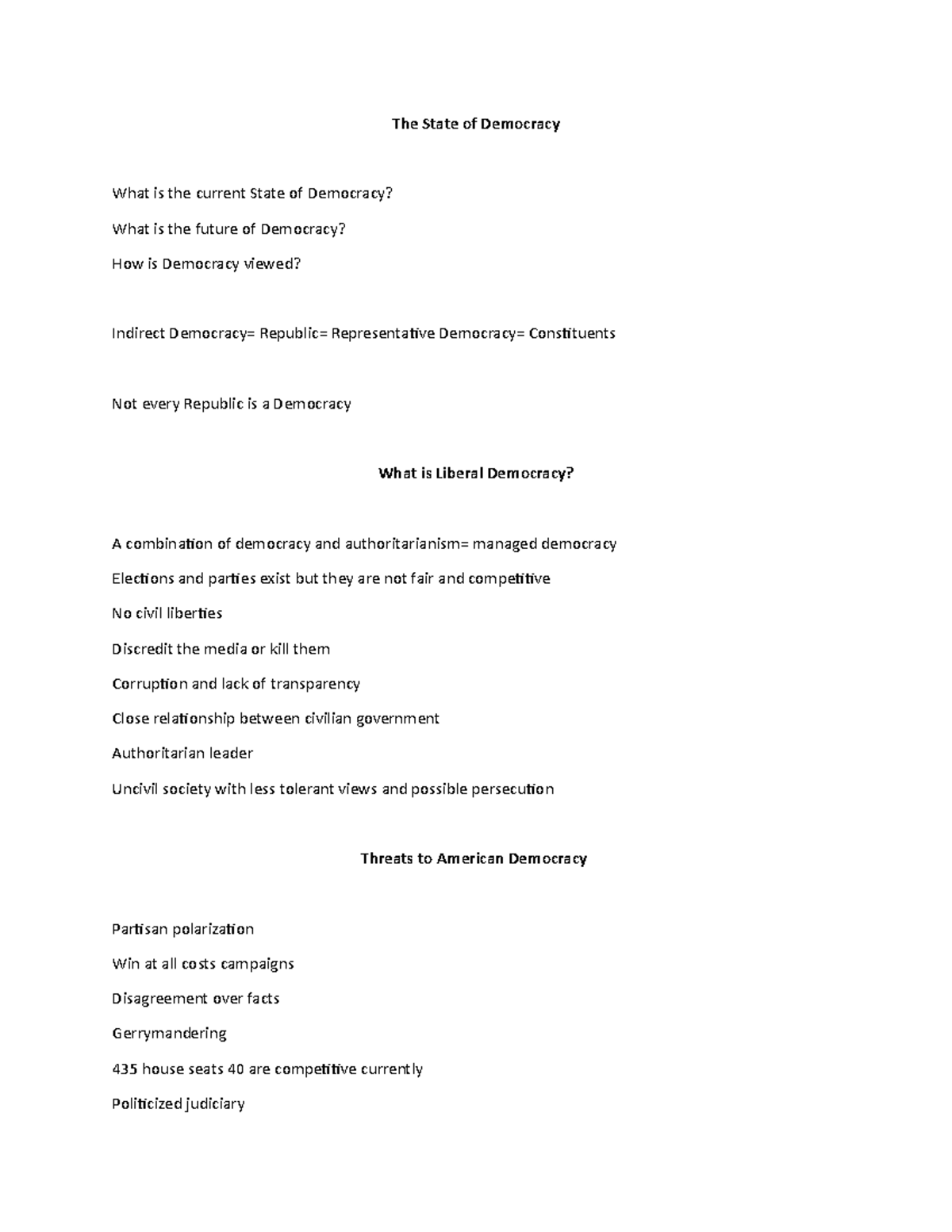 GOVT Chapter 1 Notes - The State of Democracy What is the current State ...