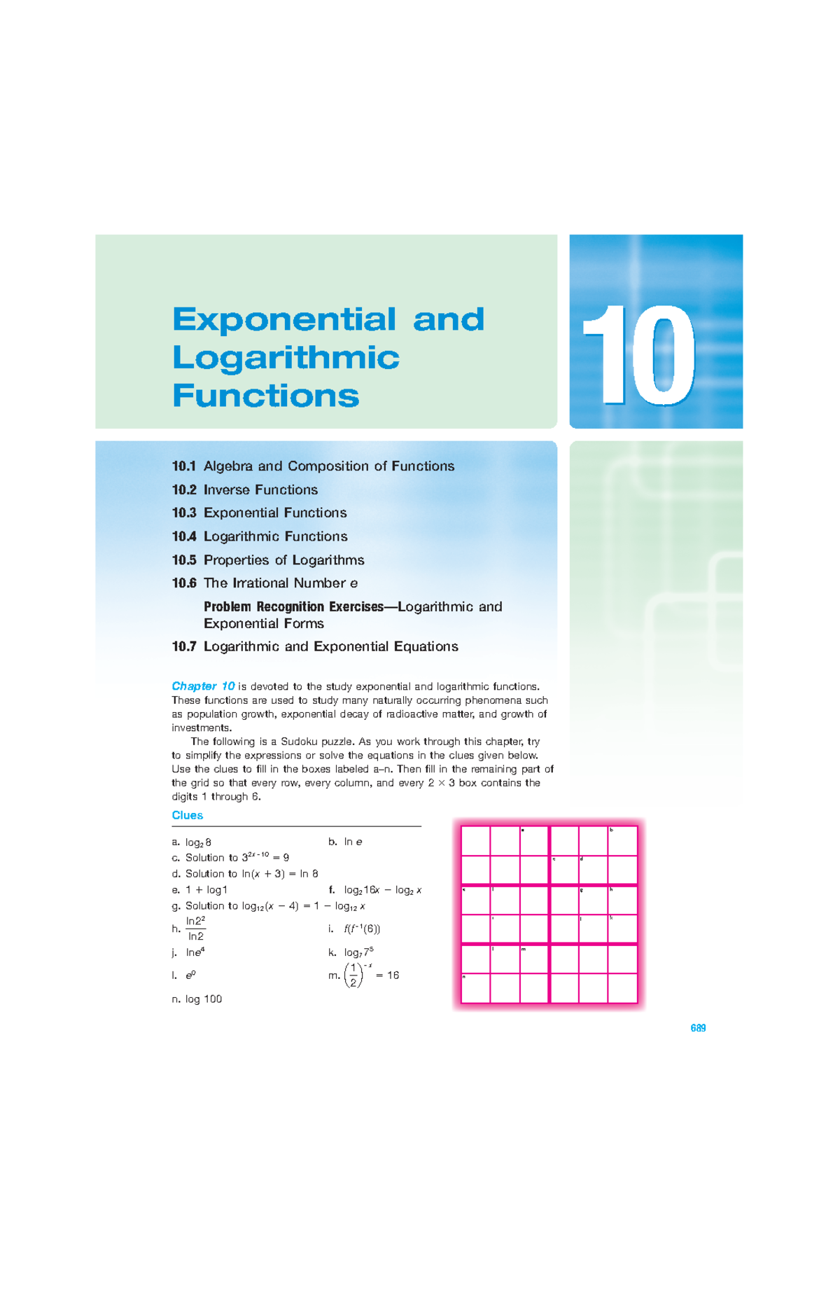 Ch10 SE - Math functions - Exponential and Logarithmic Functions 689 Chapter 10 is devoted to ...