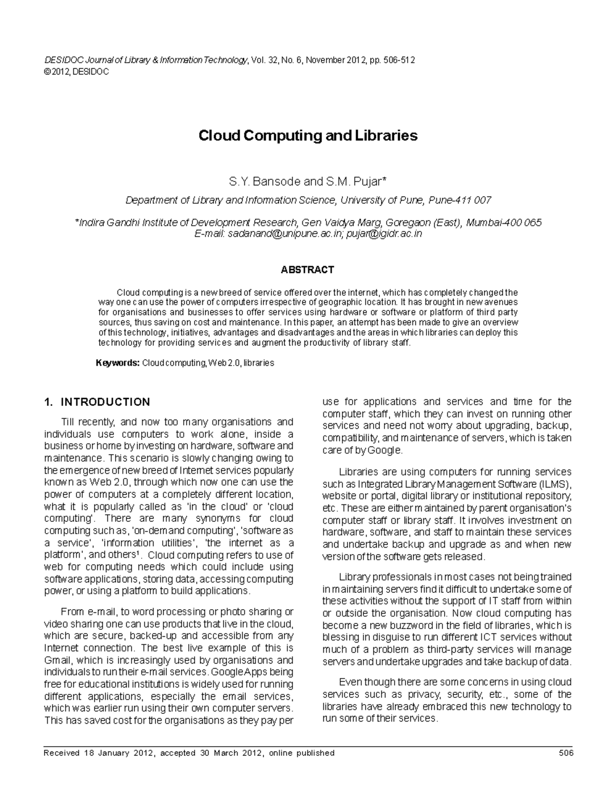 Cloud Computing and Libraries - DESIDOC Journal of Library & Information Technology, Vol. 32 ...