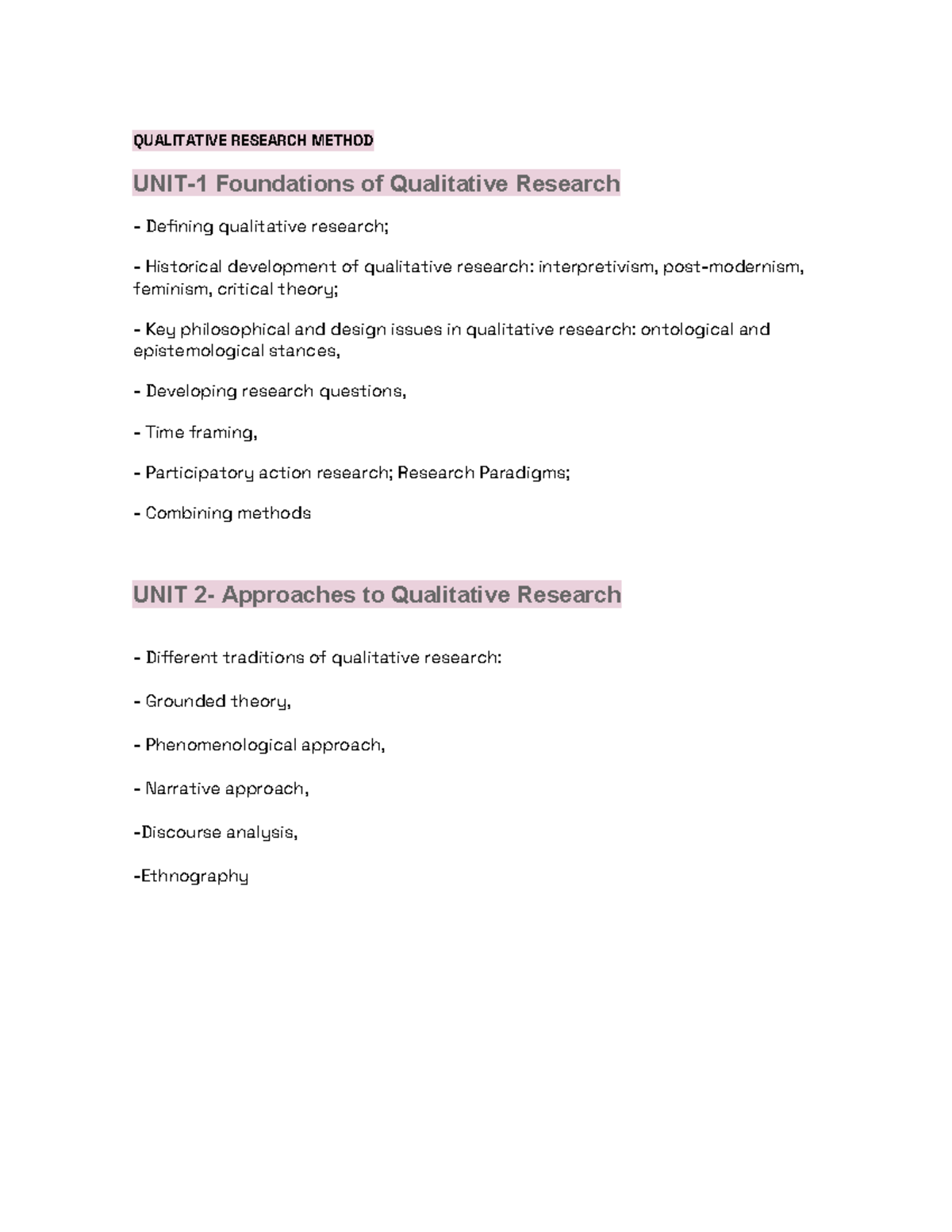 QRM Notes midsem - QUALITATIVE RESEARCH METHOD UNIT-1 Foundations of ...