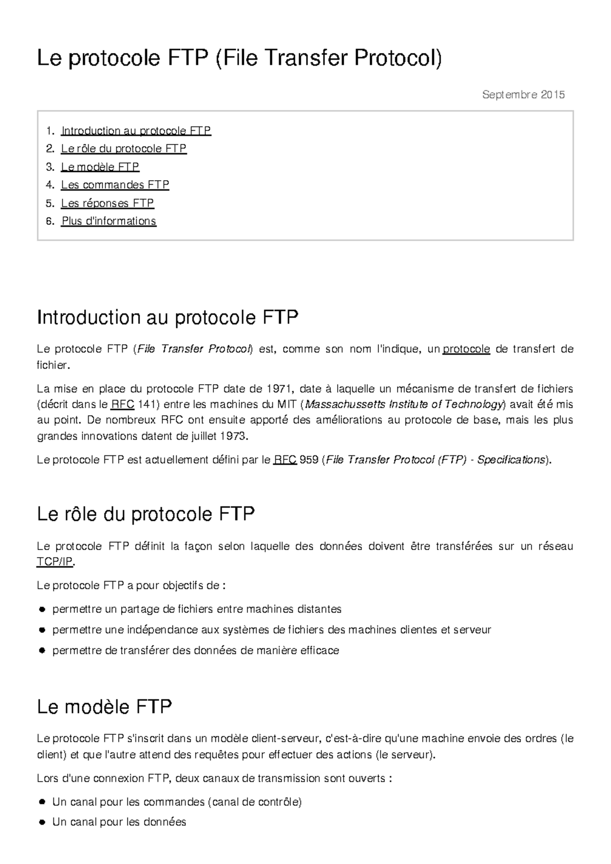 Le protocole ftp file transfer protocol - Septembre 2015 Le protocole ...