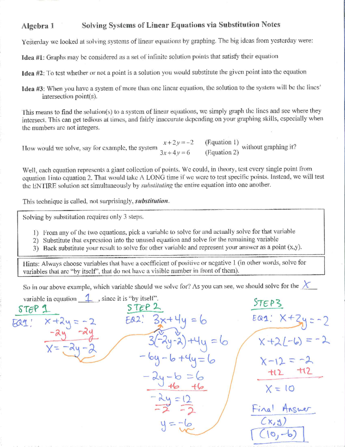 Solve Systems via Substitution Notes Completed - MAT 121 - Studocu