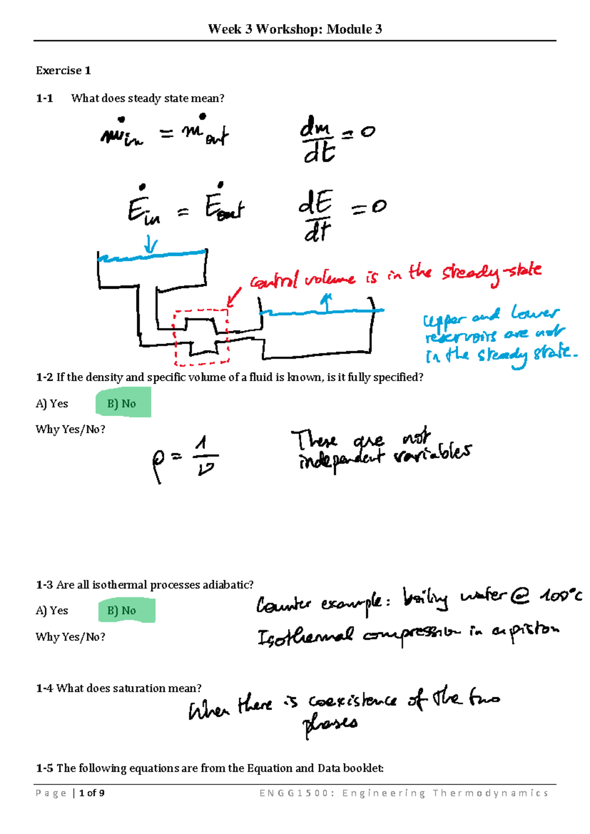 Module 3 workshop 2024 sem1 annotated - Exercise 1 1 - 1 What does steady state mean? 1 - 2 If ...