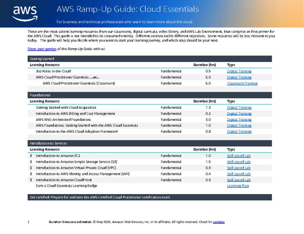 Ramp-Up Guide Cloud Essentials - 1 Duration times are estimated. © May 2024 , Amazon Web ...