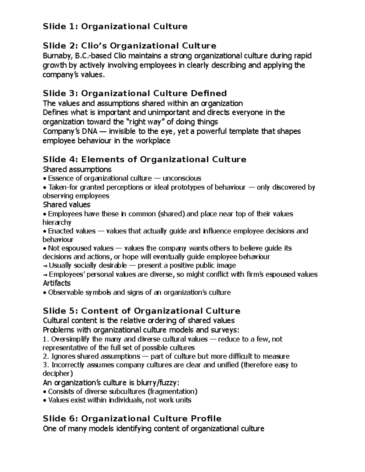 Chapter 14 Slide Notes - Slide 1: Organizational Culture Slide 2: Clio ...