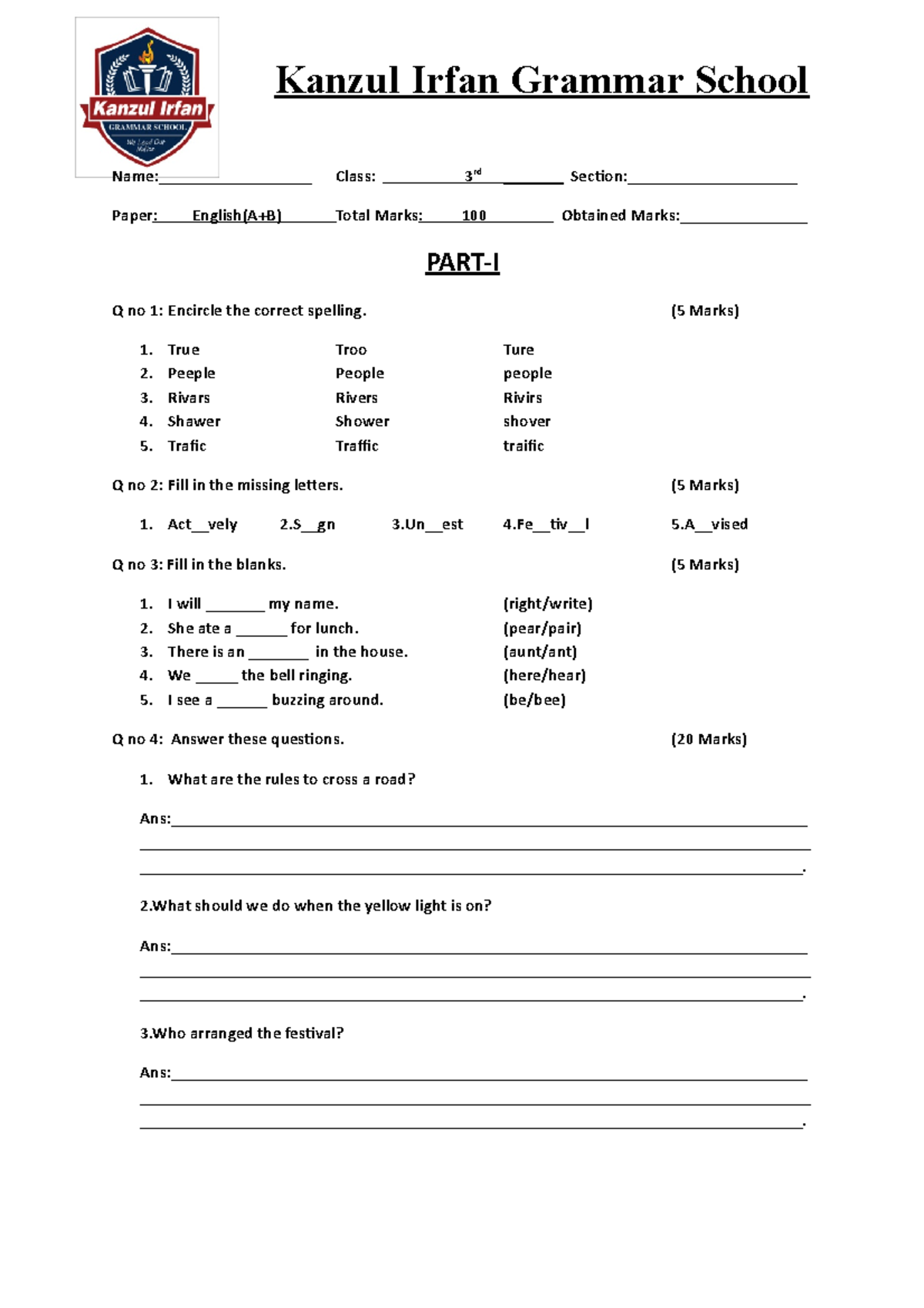 Class 3 English - none - Kanzul Irfan Grammar School Name ...
